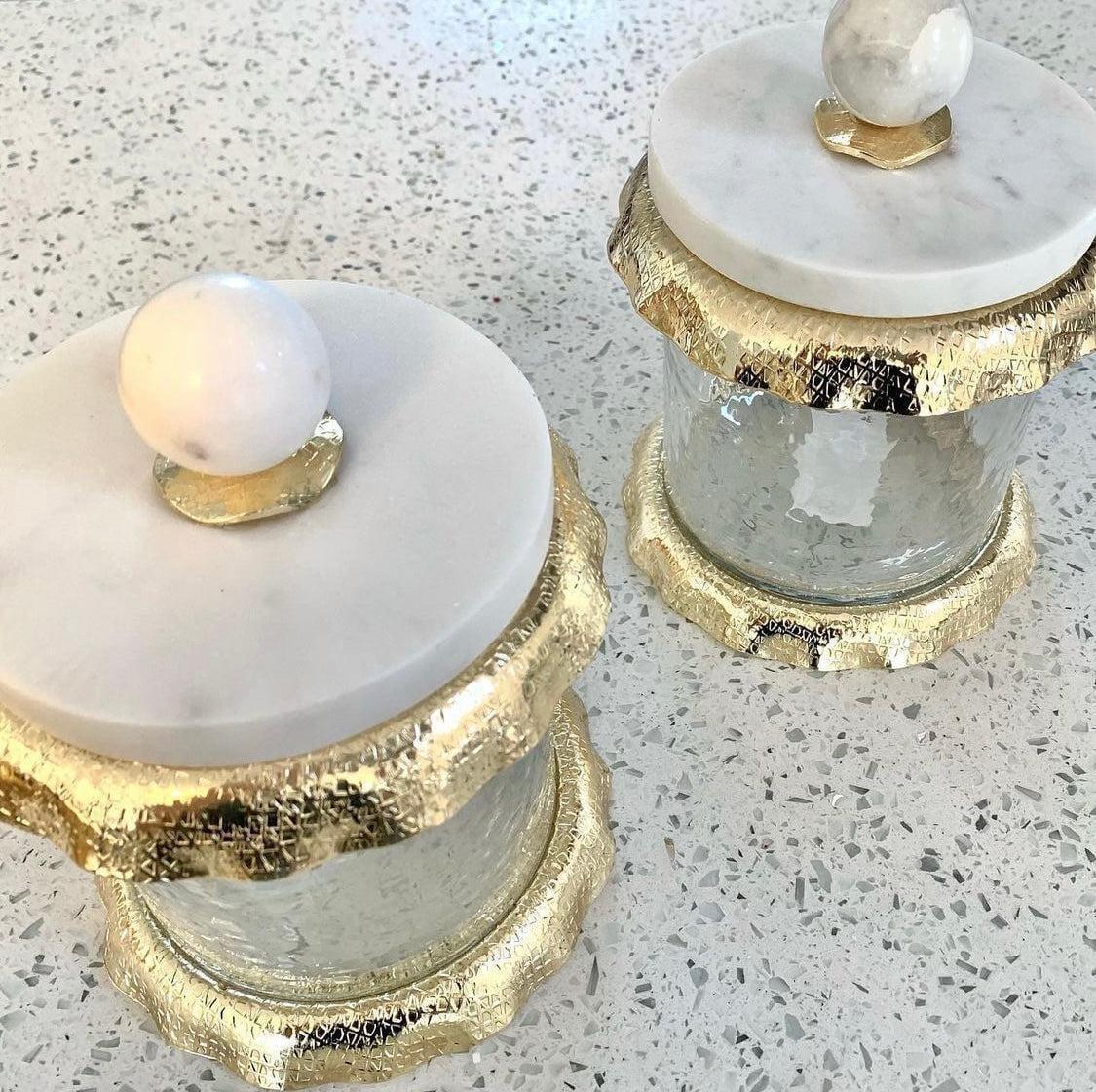 Gold Canister With Marble And Gold Ruffle Edge Lid